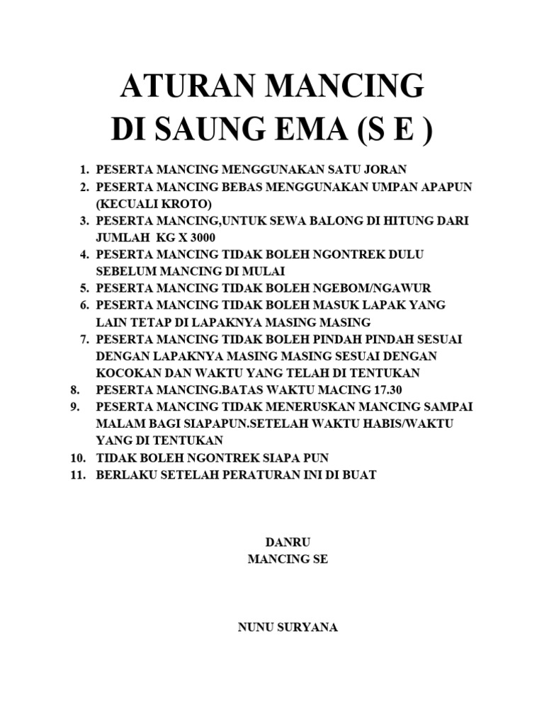 Aturan Mancing Di Saung Ema | PDF | Bisnis | Sains & Matematika