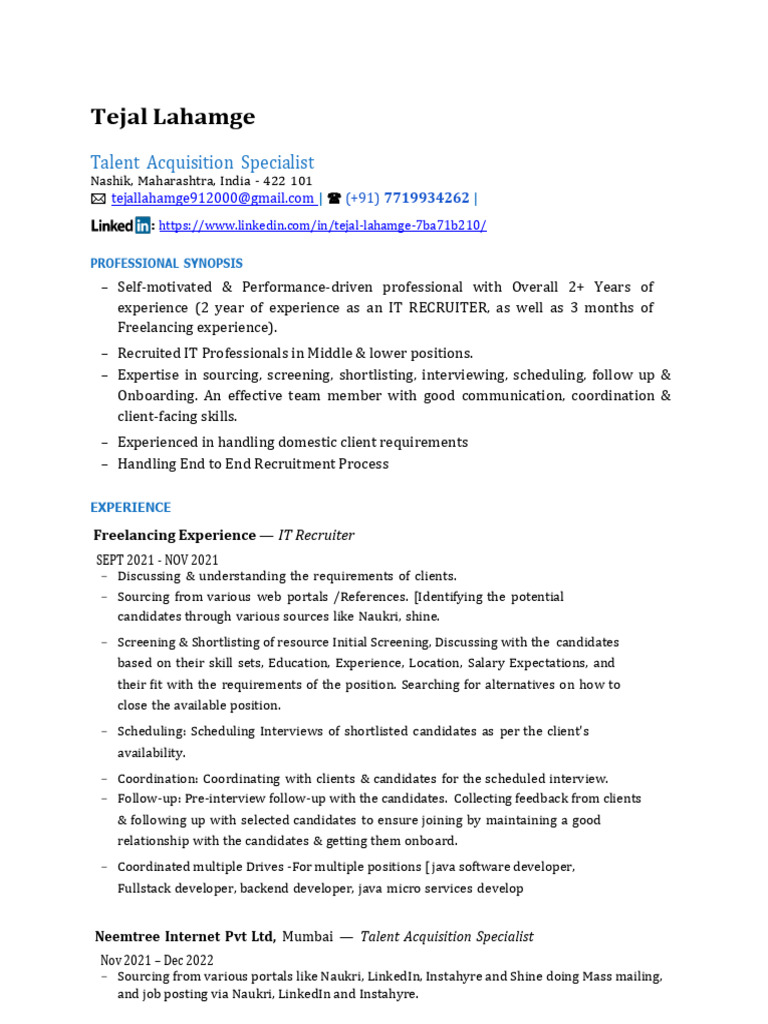 Tejal Lahamge IT Recruiter | PDF | Recruitment | Linked In