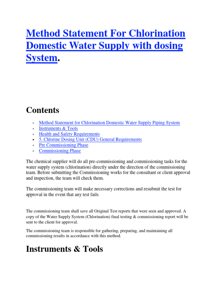 Method Statement For Chlorination Domestic Water Supply and Dosing ...