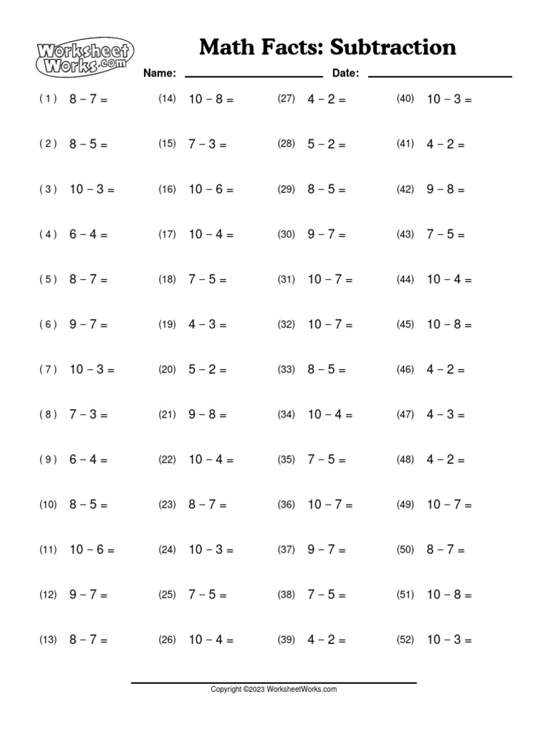WorksheetWorks Math Facts Subtraction 2 | PDF