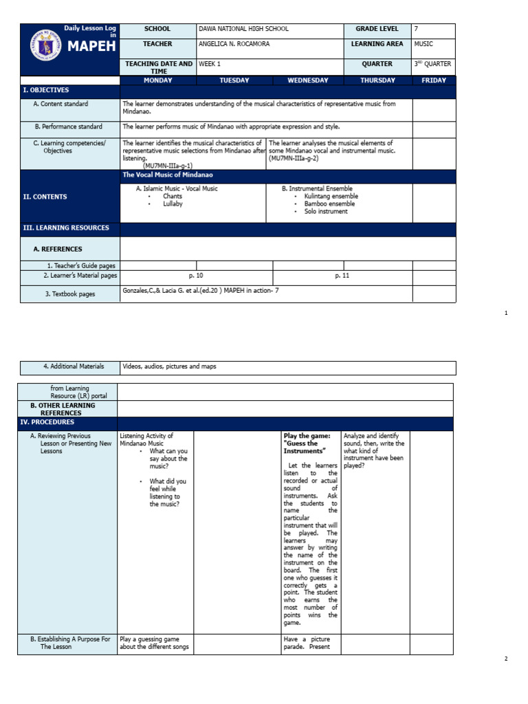 DLL MAPEH7 - 3rd Quarter | PDF | Learning | Teachers