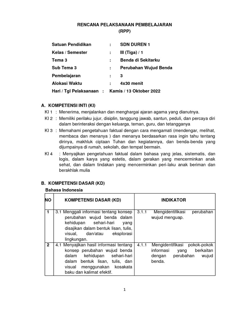 RPP Kelas 3a Tema 3 Subtema 3 Pembelajaran 3 | PDF