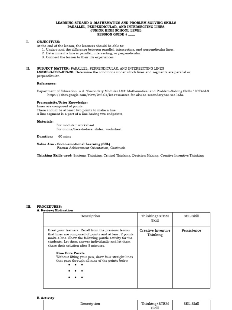 Sample Session Guide - Parallel Perpendicular Lines | PDF | Learning ...