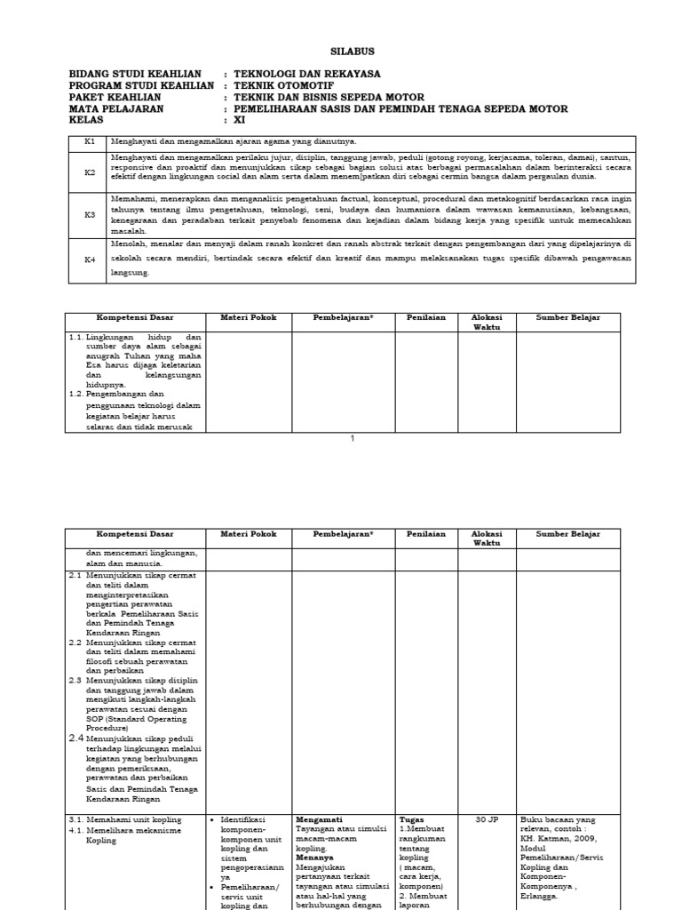3 - Silabus - Pemeliharaan Sasis Dan Pemindah Tenaga KR - Kelas XI | PDF | Komputer