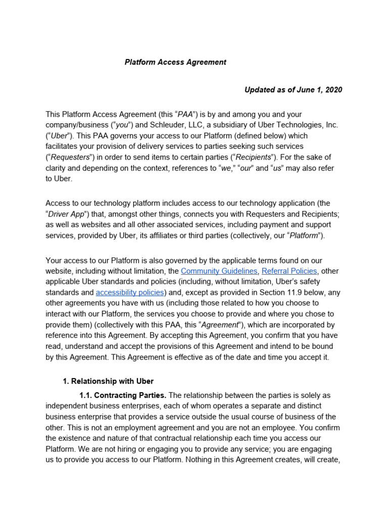Uber Platform Access Agreement | PDF | Arbitration | Vehicle Insurance