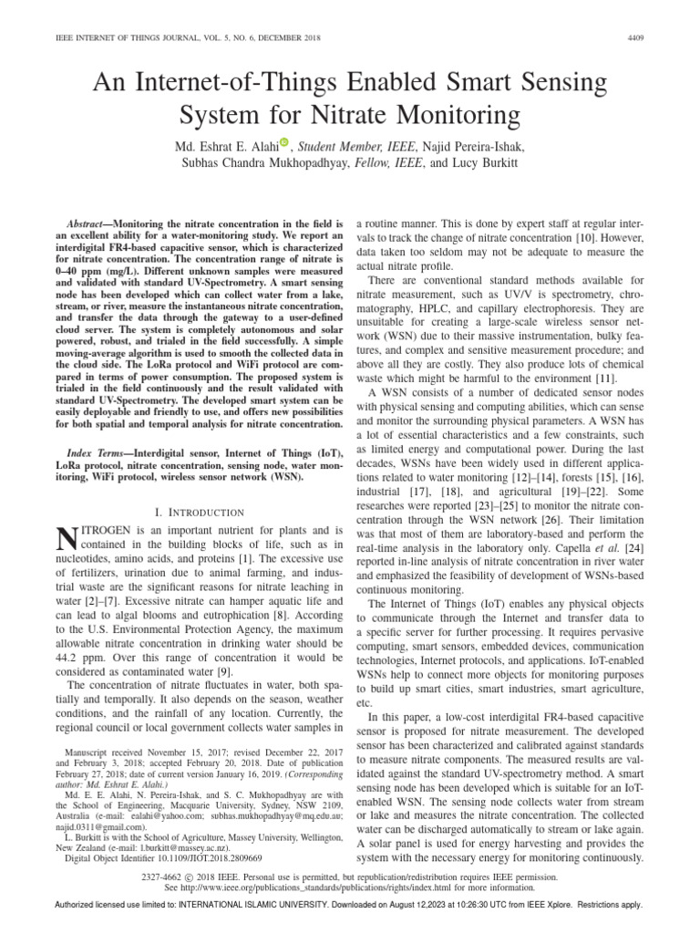 An Internet-of-Things Enabled Smart Sensing System For Nitrate Monitoring | PDF | Wireless ...