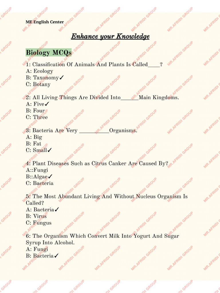 Xi-Biology Imp Mcqs With Ans Key by Me English Center | PDF