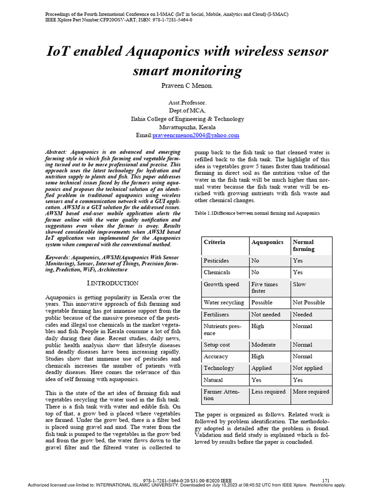 IoT Enabled Aquaponics With Wireless Sensor Smart Monitoring | PDF
