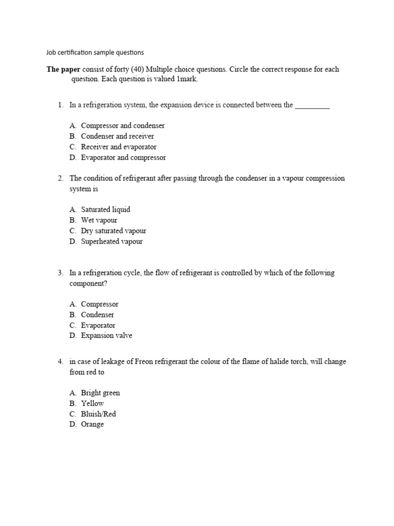 Fabian Bennet Job Certification Sample Question | PDF | Refrigerator ...