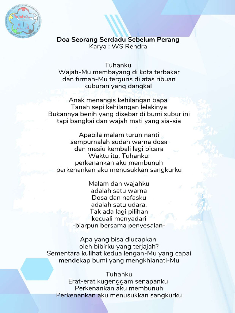 Doa Seorang Serdadu Sebelum Perang (Karya WS Rendra) | PDF