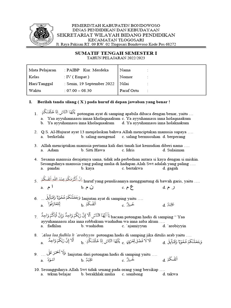 Soal PTS I Kls 4 PAIBP Kumer | PDF