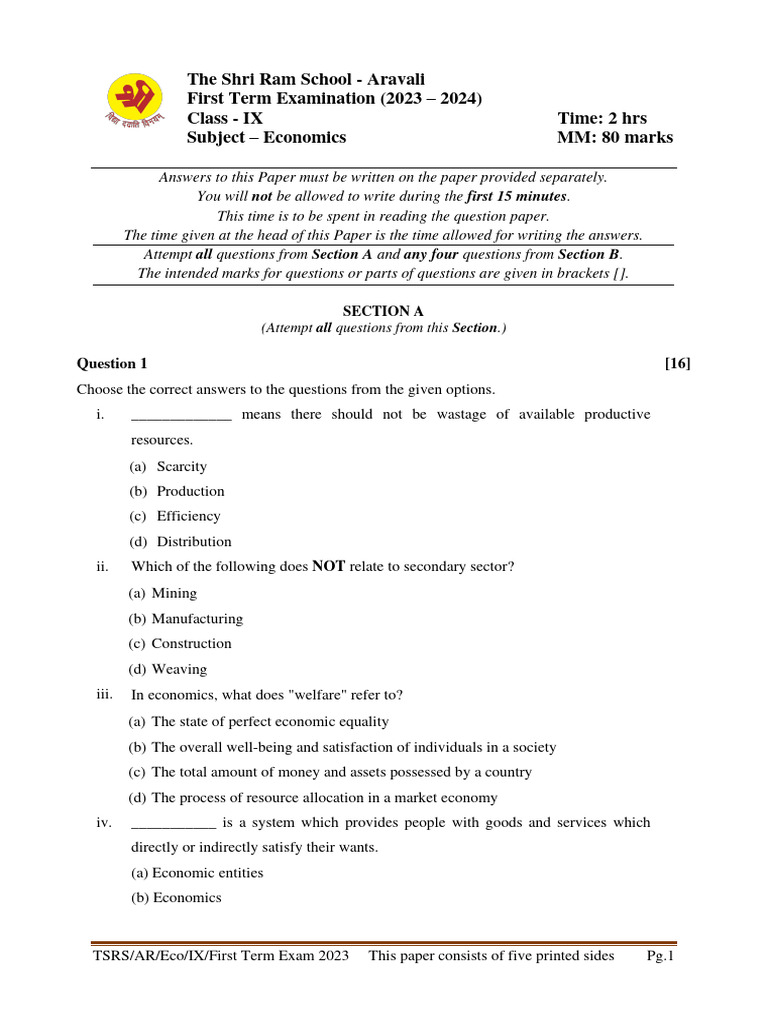 Class IX Economics First Term Exam 2023 | PDF | Economics | Economies