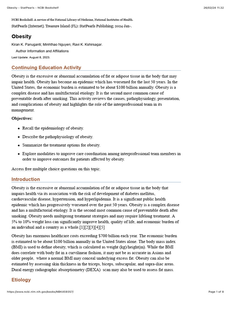 Obesity - StatPearls - NCBI Bookshelf | Download Free PDF | Obesity ...
