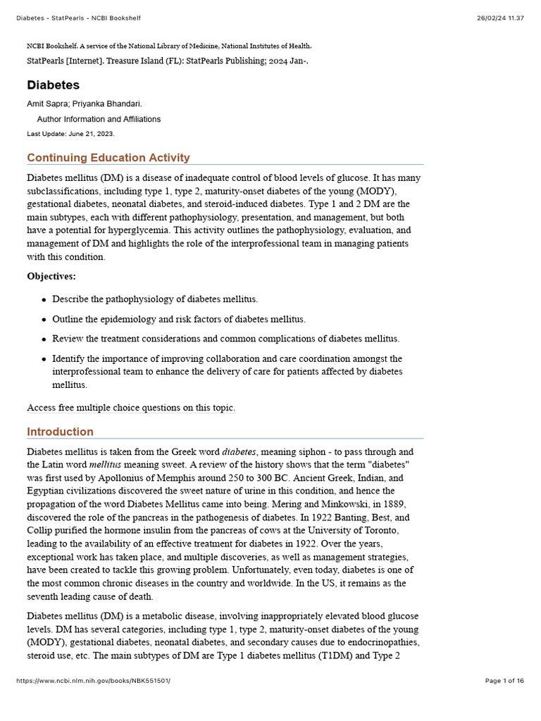 Diabetes Mellitus Overview - StatPearls | PDF | Hyperglycemia | Prediabetes