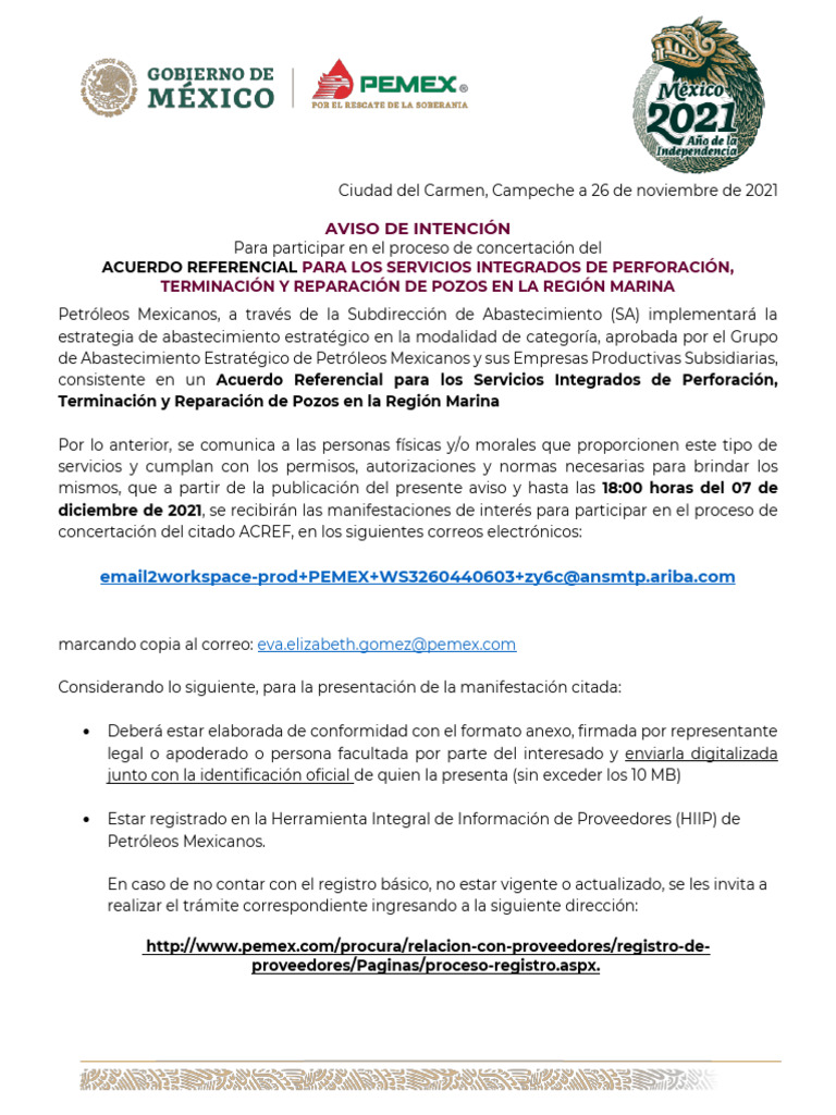 0 Aviso de Intención - Servicios IPTR Pozos Reg Marina | PDF | México