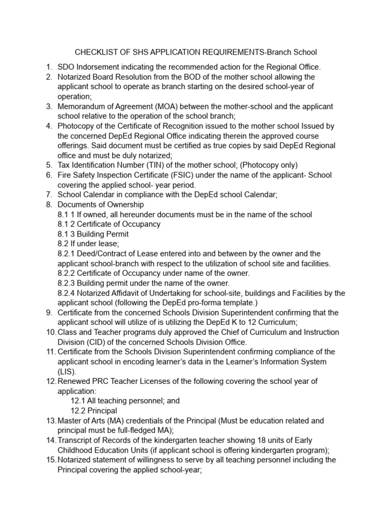 Checklist of Requirements Shs | PDF