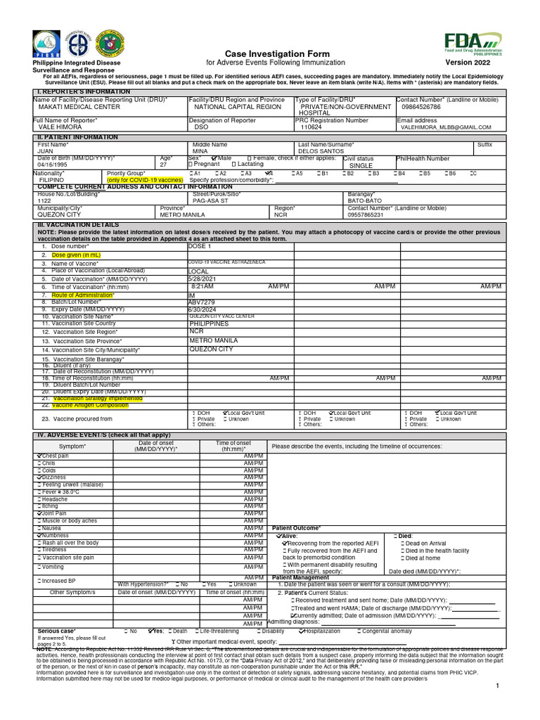 (Filled) Unified AEFI CIF - 20221107 | PDF