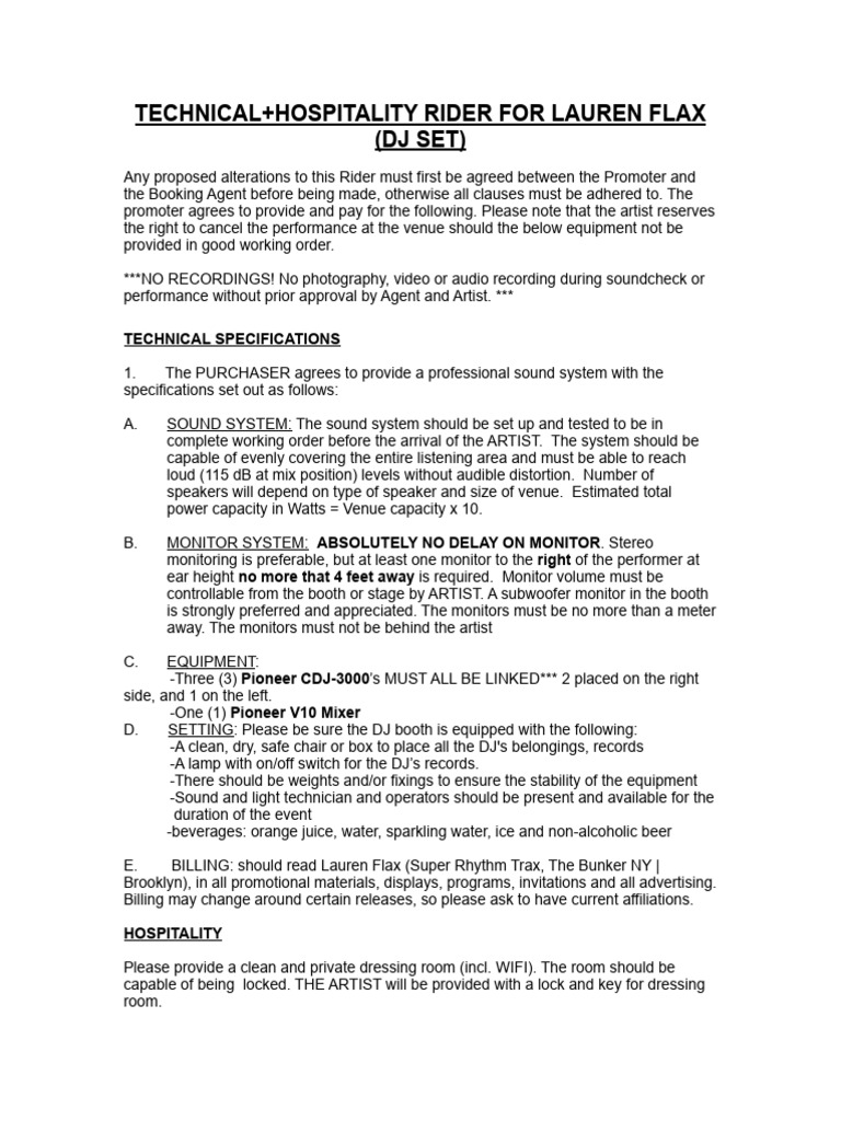 Lauren Flax - DJ Set - TECHNICAL AND HOSPITALITY RIDER - 2023 | PDF ...