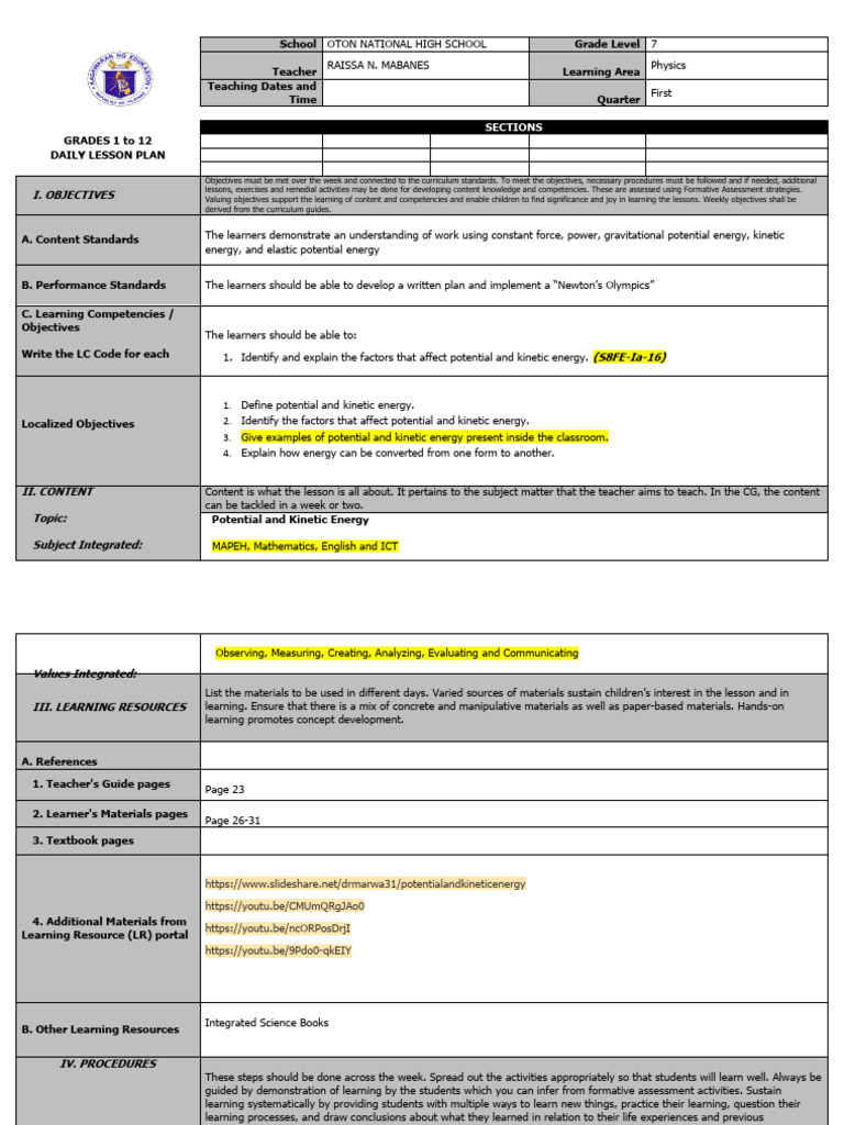 Grade 7 Physics Lesson Plan | PDF | Learning | Potential Energy