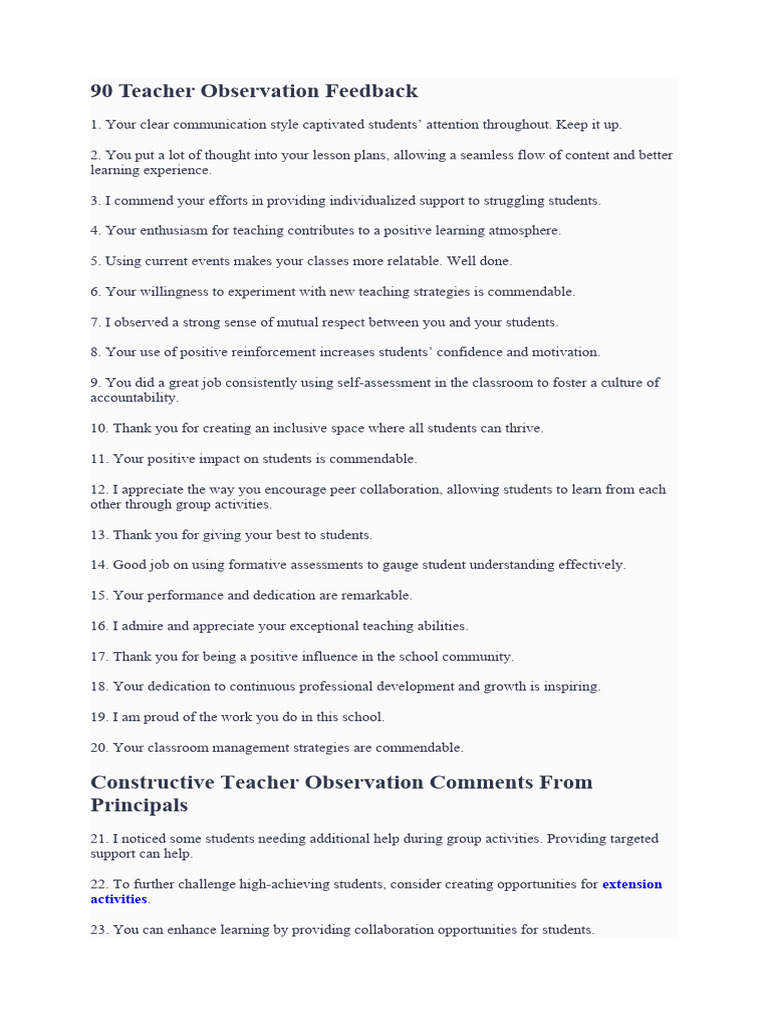 90 Teacher Observation Feedback | PDF | Classroom Management | Lesson Plan