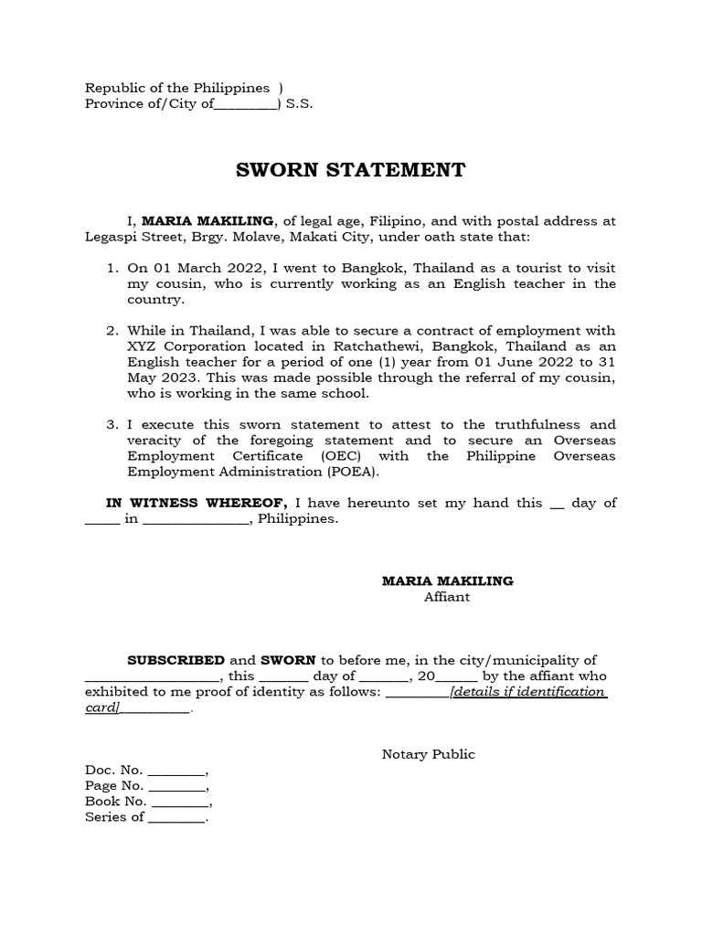 Sworn Statement in Support of The Application For Overseas Employment Certificate OEC | PDF