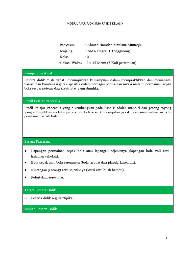 Modul Ajar Sepak Bola Sma 1 Tenggarong Ahmad Hamdan M M | PDF