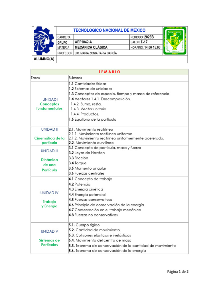 Temario de Mecanica Clasica - 2023-B | PDF | Dinámica (Mecánica) | Masa
