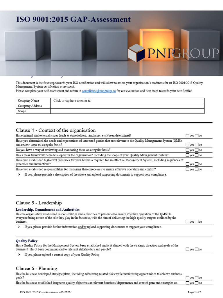 PNP Group ISO 9001 2015 Gap Assessment | PDF | Career & Growth | Business