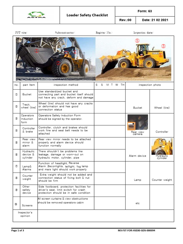 Loader Safety Checklist | PDF | Loader (Equipment) | Transport
