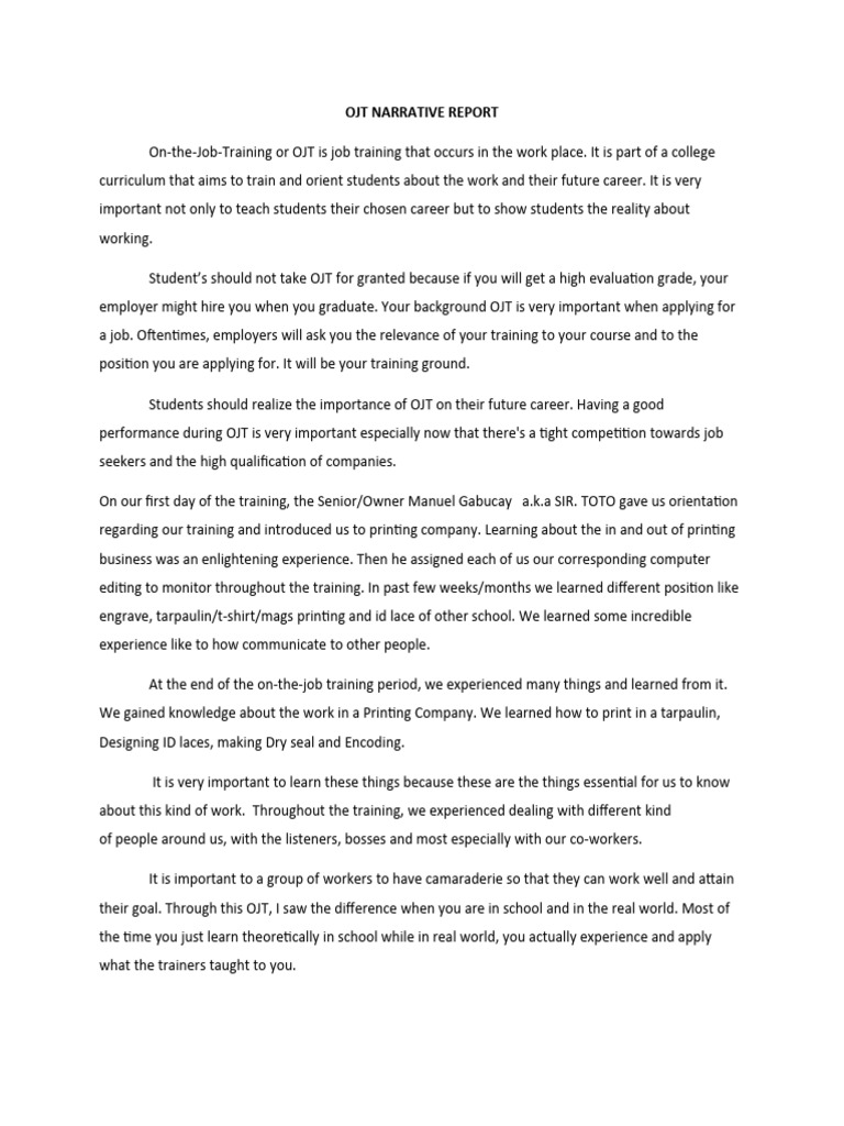 Ojt Narrative Report | PDF | Cognitive Psychology | Learning