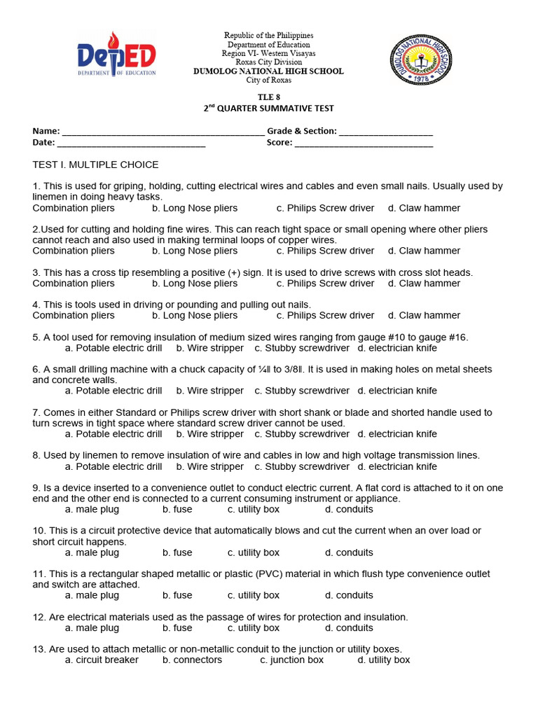 TLE 8 Summative Test Guide | PDF | Electrical Connector | Fuse (Electrical)