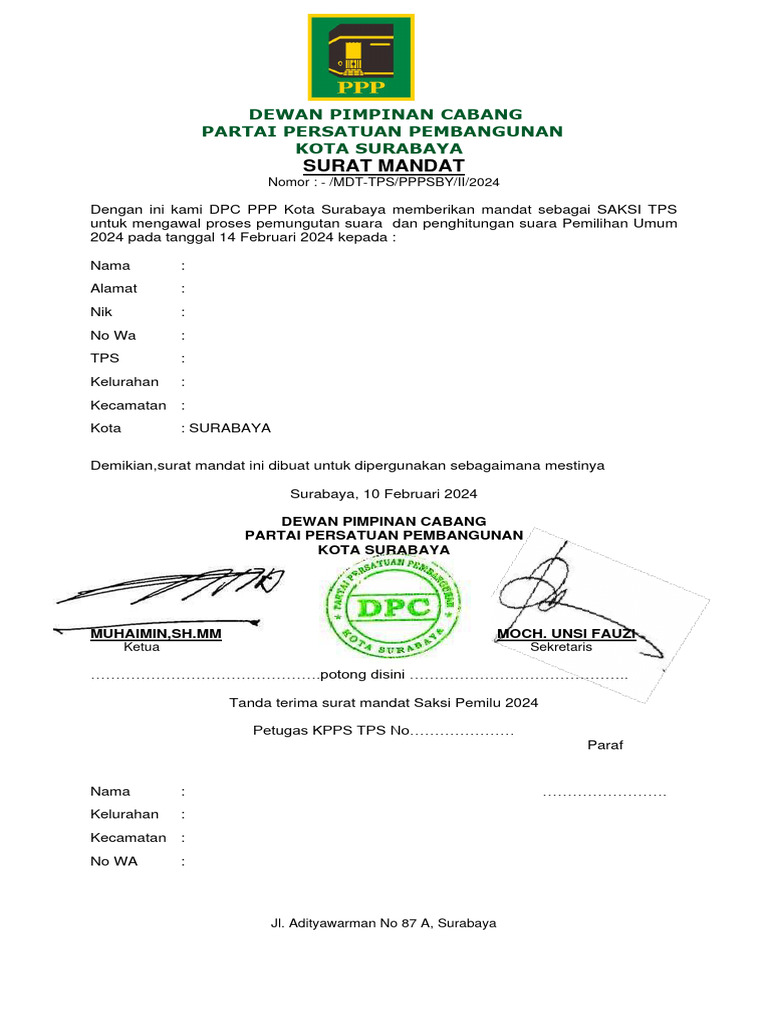 Surat Mandat Saksi TPS DPC PPP Kota Surabaya | PDF