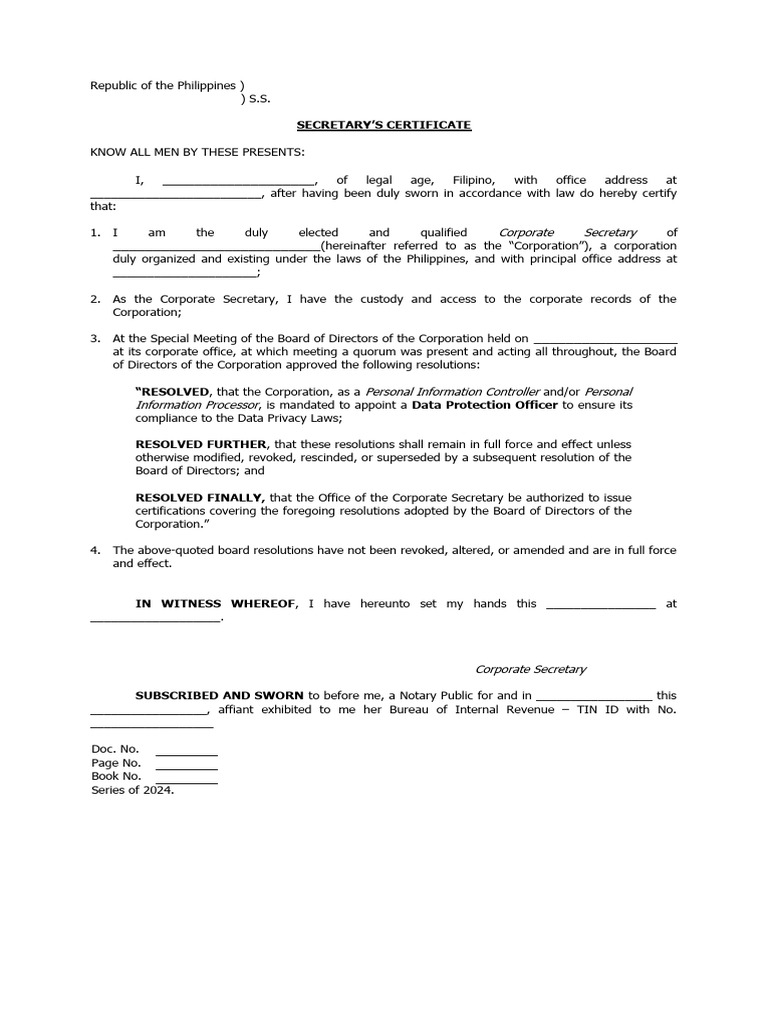 Secretary's Certificate for DPO Appointment | PDF