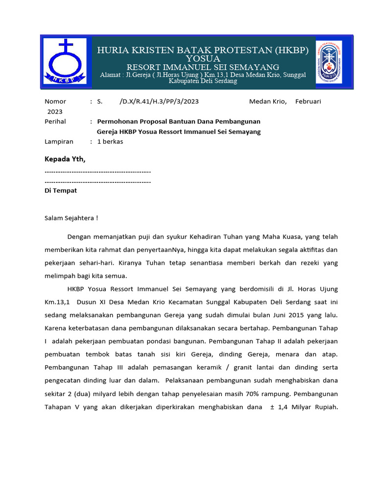 Proposal Pembangunan HKBP Yosua Tahun 2023 | PDF