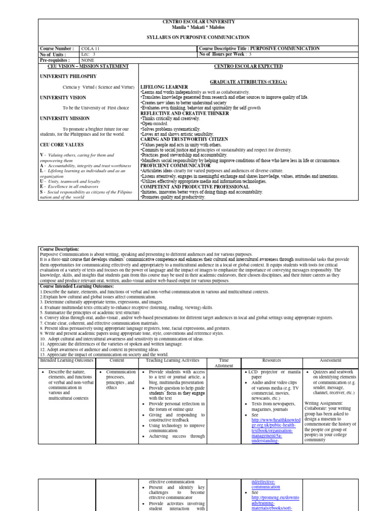 Purposive Communication Syllabus - NEW2 | PDF | Communication | Cross ...
