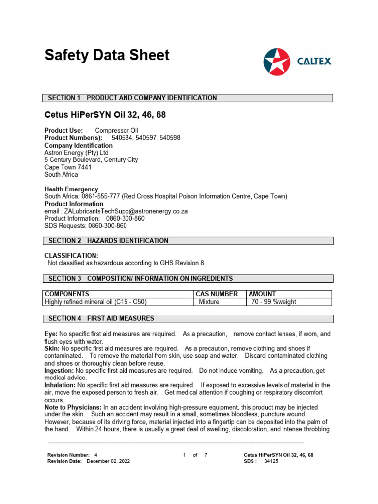 Cetus HiPerSYN Oil 32 Safety Data Sheet | PDF | Personal Protective ...