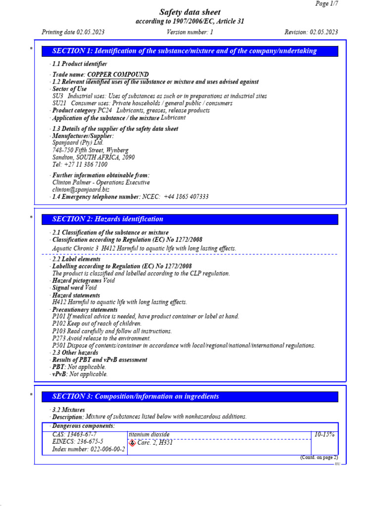 Copper Compound SDS - (Eu) | PDF | Dangerous Goods | Solubility