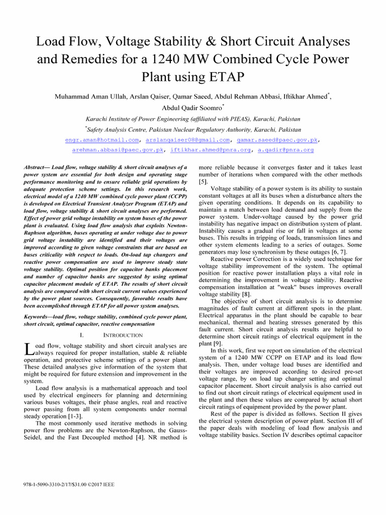 Load Flow, Voltage Stability & Short Circuit Analyses and Remedies For A 1240 MW Combined Cycle ...