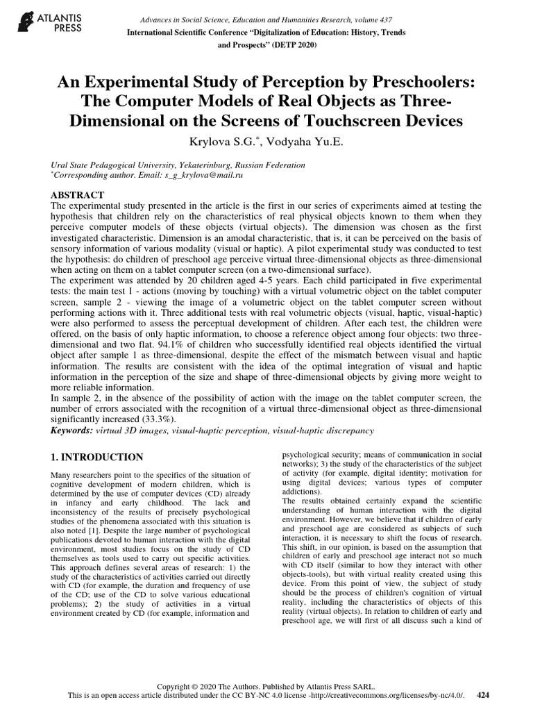 An Experimental Study of Perception by Preschoolers: The Computer Models of Real Objects As ...