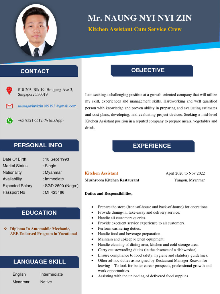 Naung Nyi Nyi Zin Resume Kitchen Crew | PDF | Kitchen | Cooking