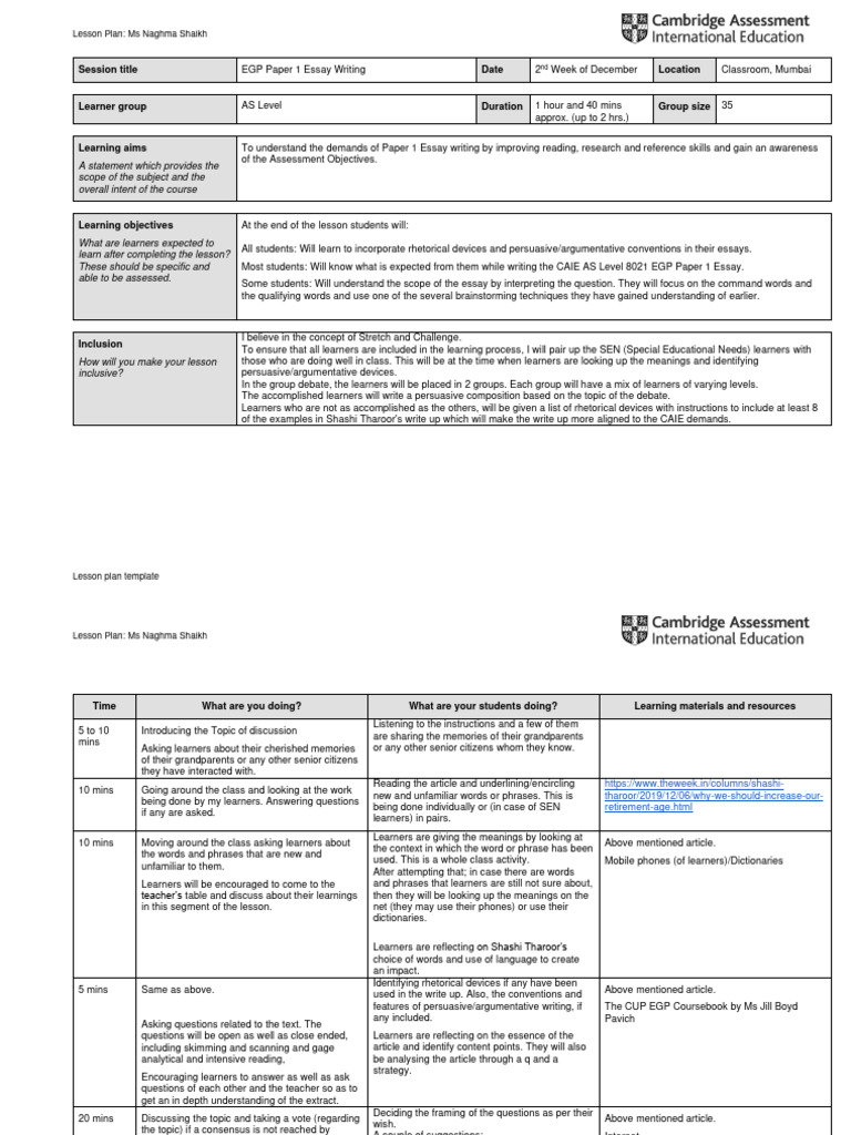 EGP Essay Writing Lesson Plan | PDF | Learning | Lesson Plan