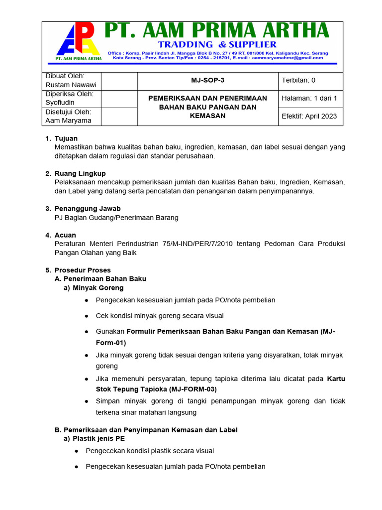 SOP-03-Pemeriksaan Dan Penerimaan Bahan Baku Pangan Dan Kemasan | PDF