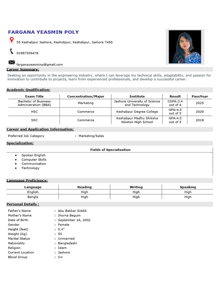 Fargana Yeasmin Poly: Career Summary | PDF