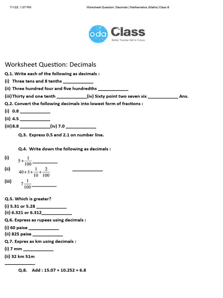 Class 6 Decimal Worksheet | PDF
