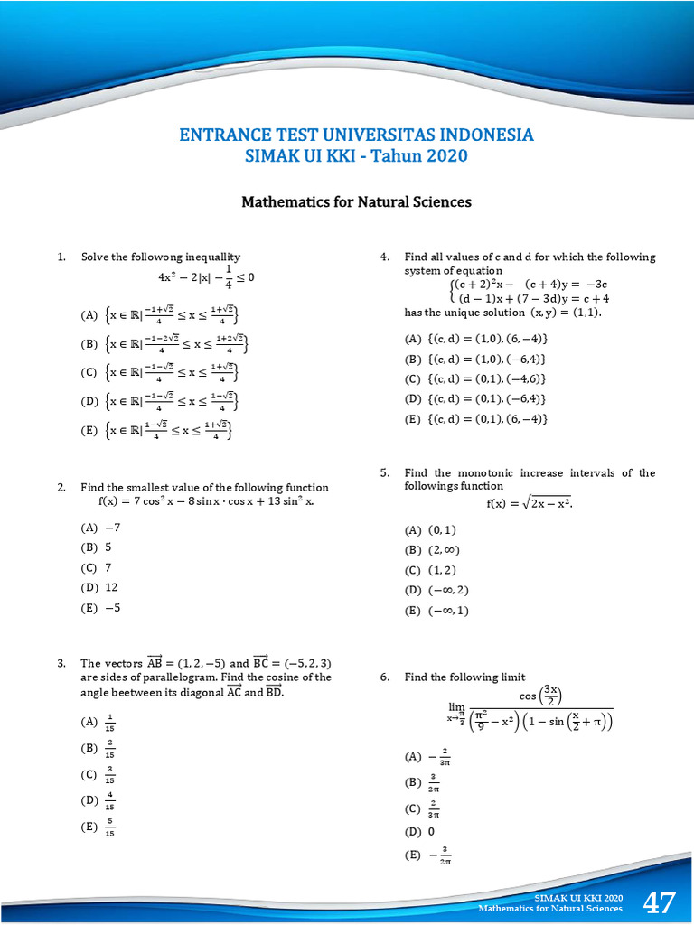 UI Entrance Math Exam 2020 | PDF | Perpendicular | Elementary Mathematics