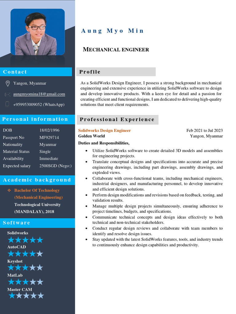 Aung Myo Min CCB46 Resume Solidworks | PDF | Engineering | Mechanical ...