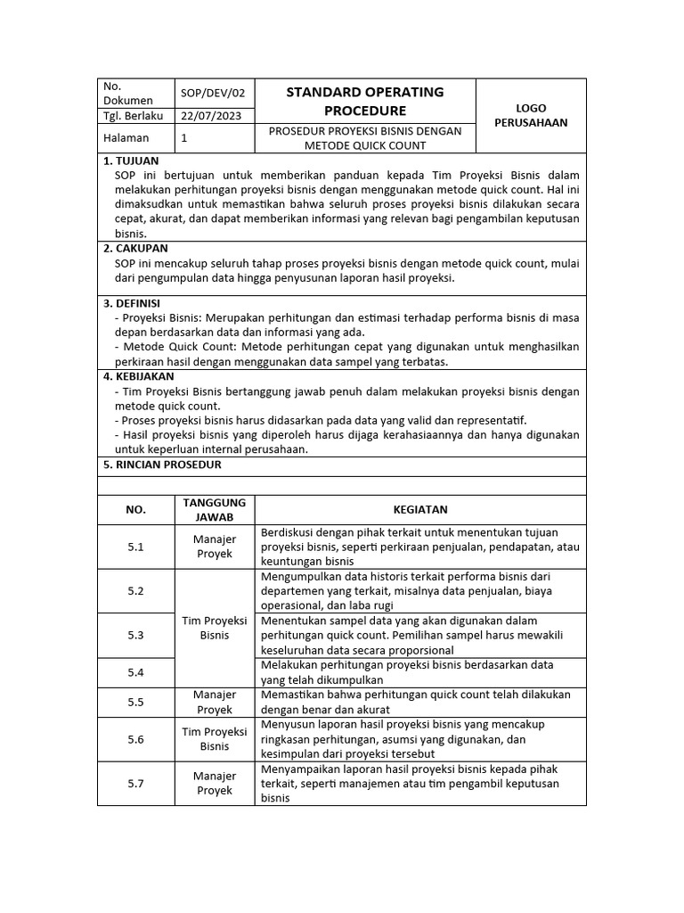 SOP Proyeksi Bisnis Dengan Metode Quick Count | PDF