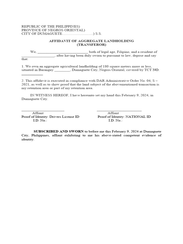 Affidavit of Aggregate Landholdings | PDF | Law
