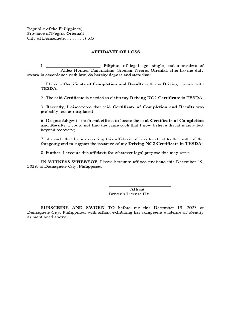 Affidavit of Loss Certificate of Completion and Results-Driving | PDF