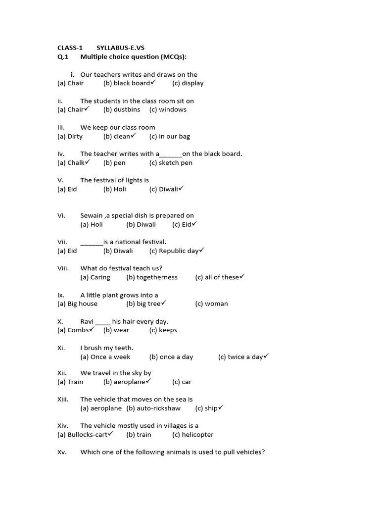 Class 1 Syllabus Evs | PDF